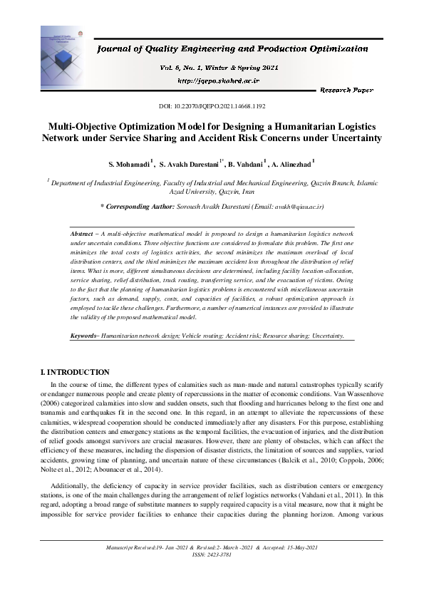 (PDF) Multi-Objective Optimization Model for Designing a Humanitarian ...
