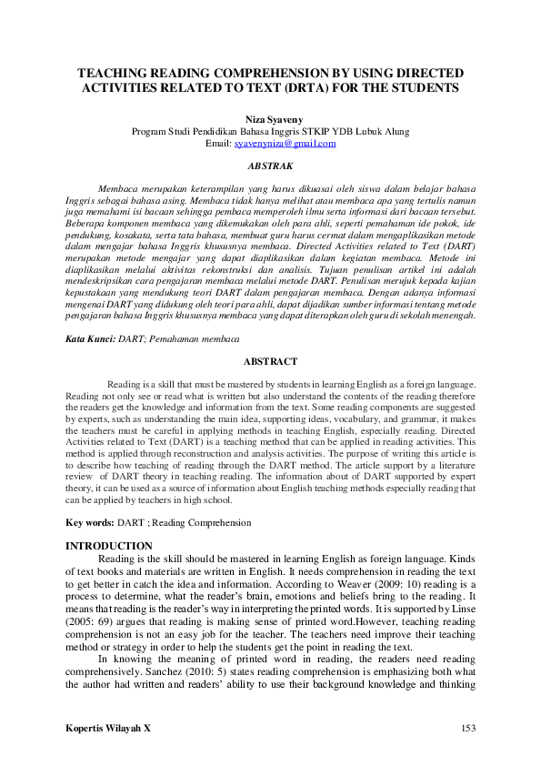 (PDF) Teaching Reading Comprehension by Using Directed Activities Related to Text (Drta) for the ...