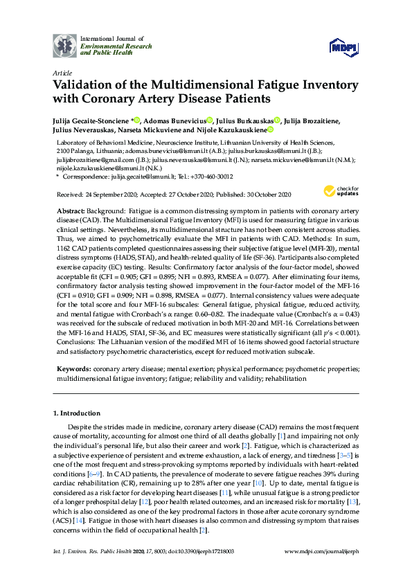 (PDF) Validation of the Multidimensional Fatigue Inventory with ...