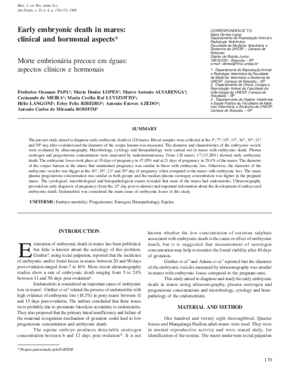 (PDF) Early embryonic death in mares: clinical and hormonal aspects