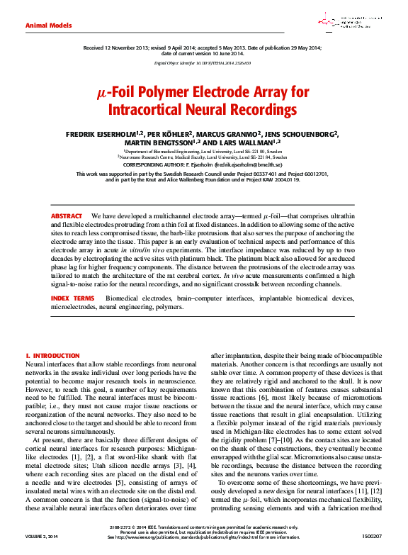 (PDF) μ-Foil Polymer Electrode Array for Intracortical Neural Recordings