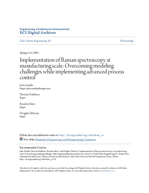 (PDF) Implementation of Raman spectroscopy at manufacturing scale: Overcoming modeling ...