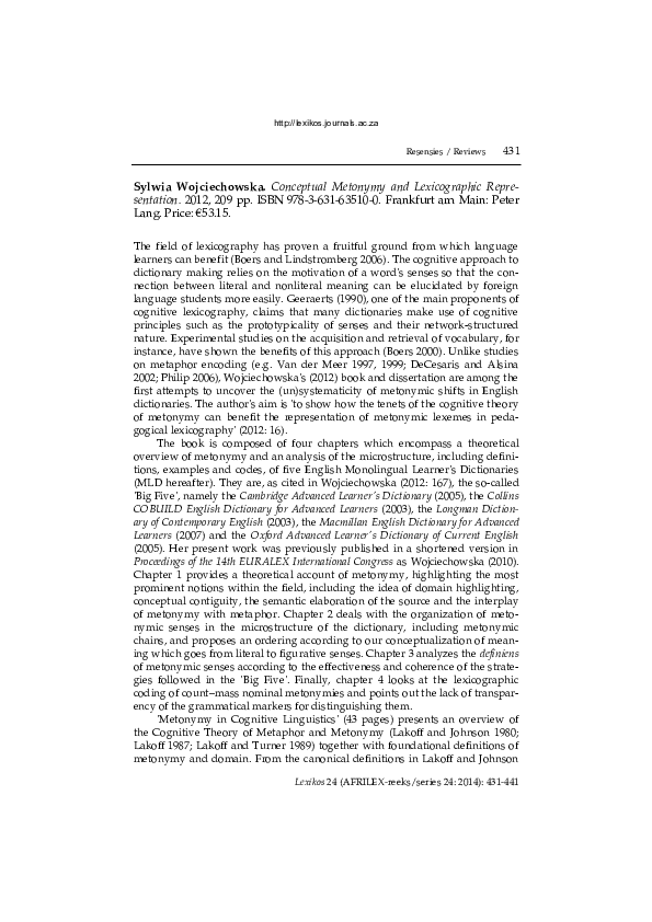 (PDF) Sylwia Wojciechowska: Conceptual Metonymy and Lexicographic ...