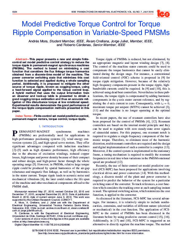 Pdf Model Predictive Torque Control For Torque Ripple Compensation In Variable Speed Pmsms