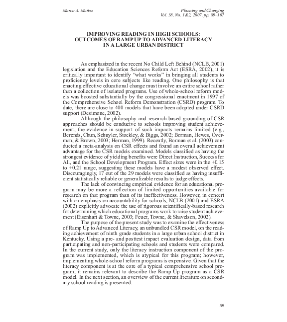 (PDF) Improving of Reading in High Schools: Outcomes of Ramp Up to ...