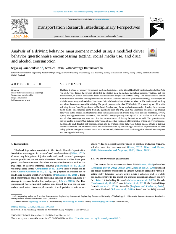 (PDF) Analysis of a driving behavior measurement model using a modified driver behavior ...