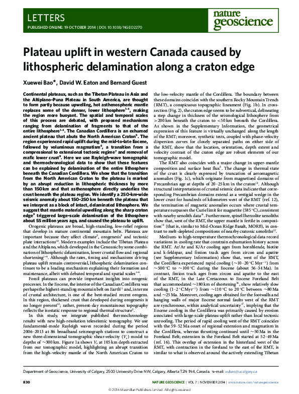 (PDF) Plateau uplift in western Canada caused by lithospheric ...