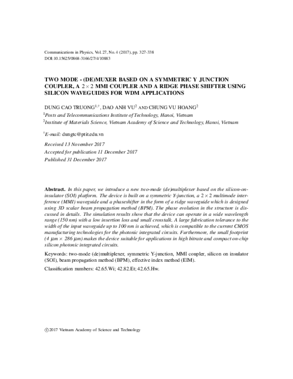 (PDF) Two Mode - (De)muxer Based on a Symmetric Y Junction Coupler, a \(2\times 2\) MMI Coupler ...