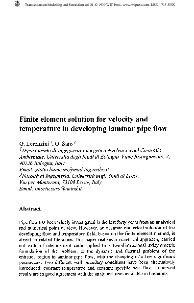 (PDF) Finite Element Solution For Velocity AndTemperature In Developing Laminar Pipe Flow ...