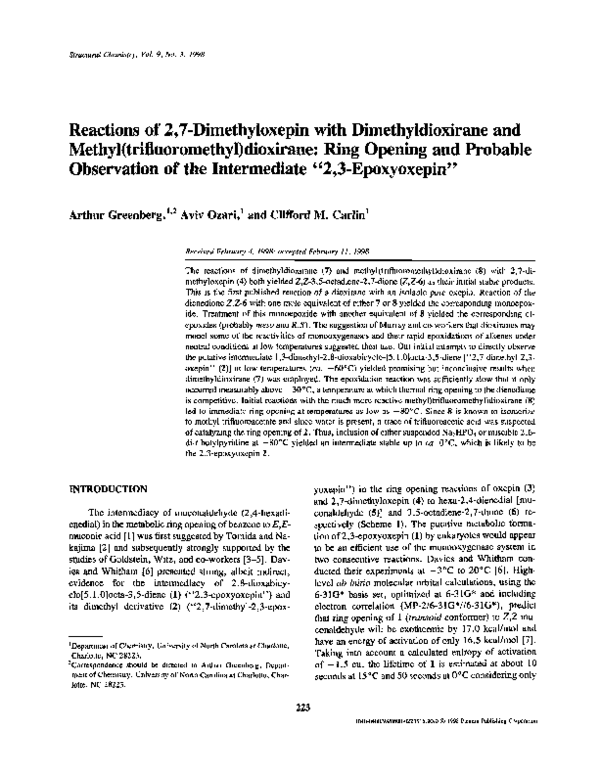 (PDF) Reactions of 2, 7-Dimethyloxepin with Dimethyldioxirane | Arthur ...