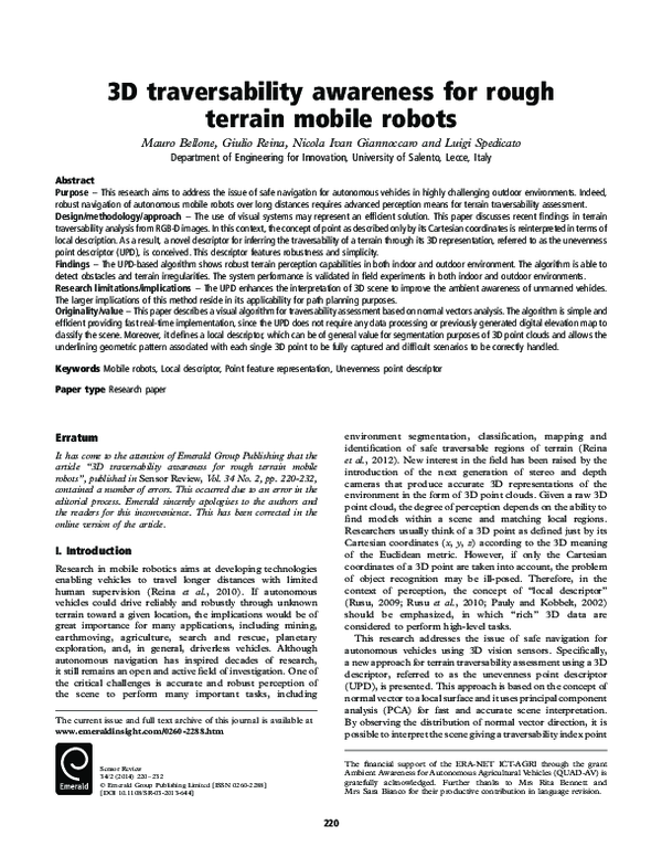 (PDF) 3D traversability awareness for rough terrain mobile robots