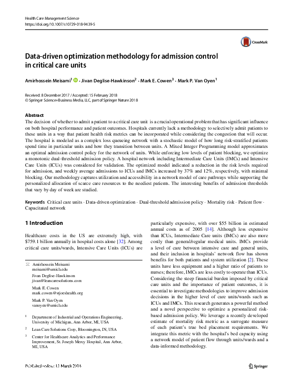 (PDF) Data-driven optimization methodology for admission control in critical care units