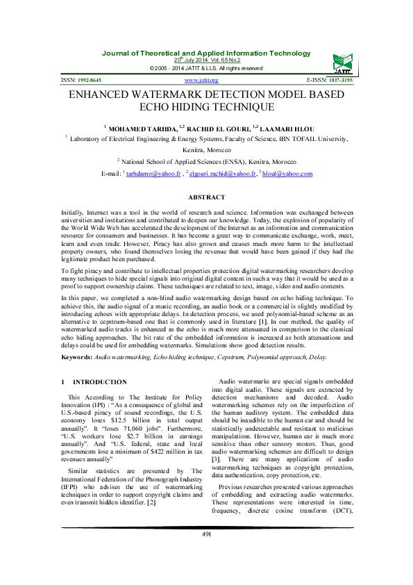 Pdf Enhanced Watermark Detection Model Based Echo Hiding Technique