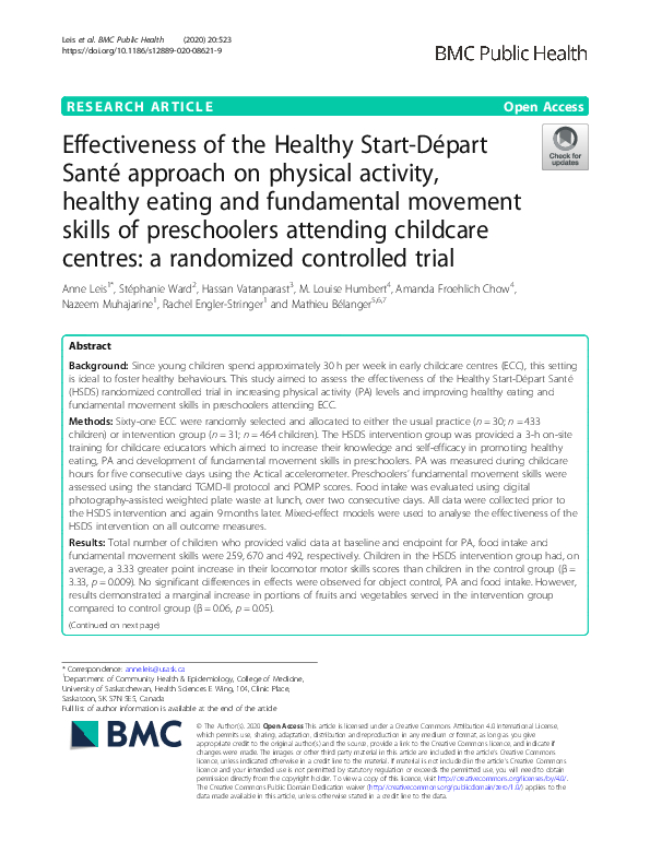 (PDF) Effectiveness of the Healthy Start-Départ Santé approach on physical activity, healthy ...