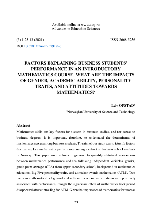 (PDF) FACTORS EXPLAINING BUSINESS STUDENTS' PERFORMANCE IN AN ...