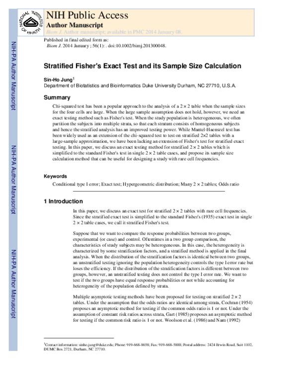 (PDF) Stratified Fisher's exact test and its sample size calculation