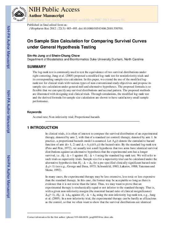 (PDF) On Sample Size Calculation for Comparing Survival Curves Under ...