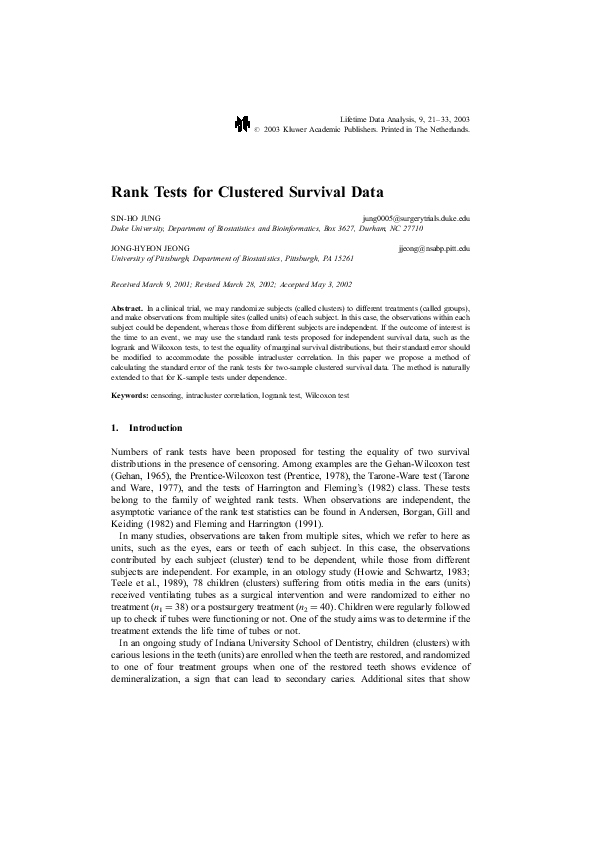 Pdf Rank Tests For Clustered Survival Data