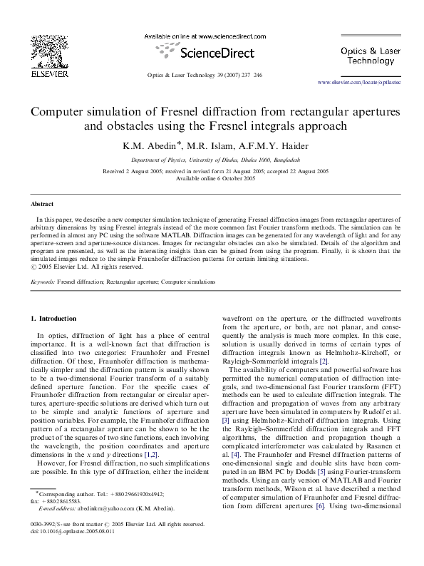 Pdf Computer Simulation Of Fresnel Diffraction From Rectangular