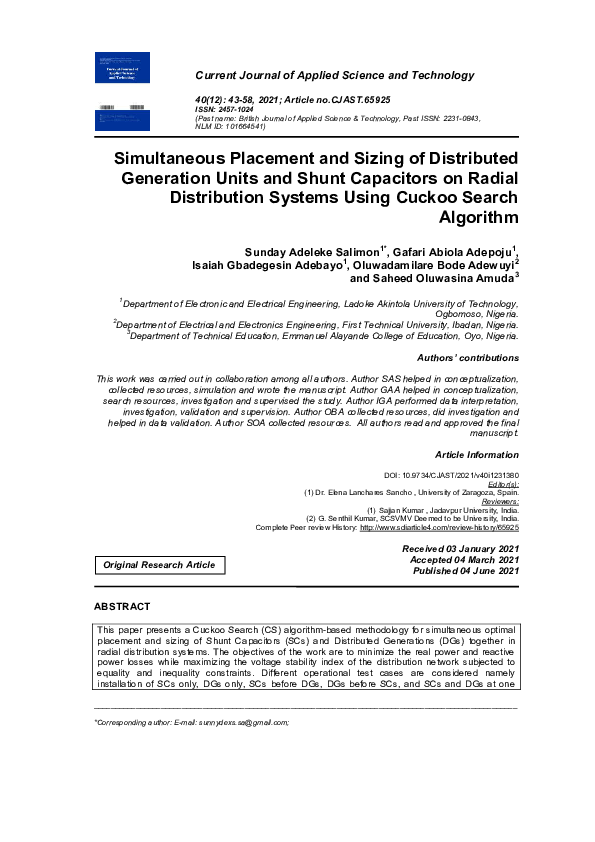 Pdf Simultaneous Placement And Sizing Of Distributed Generation Units And Shunt Capacitors On