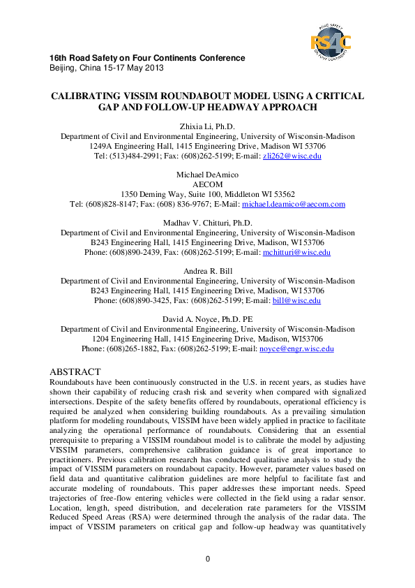 (PDF) Calibrating VISSIM roundabout model using a critical gap and follow-up headway approach