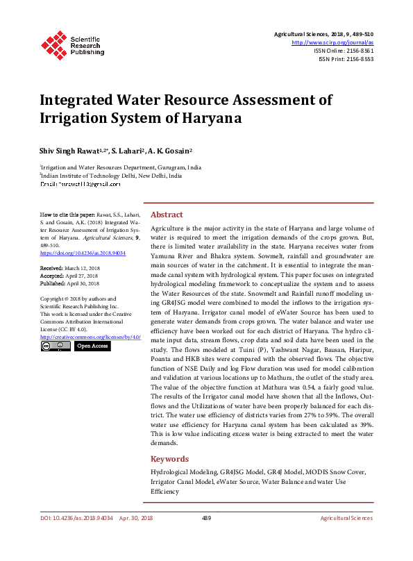 (PDF) Integrated Water Resource Assessment of Irrigation System of Haryana