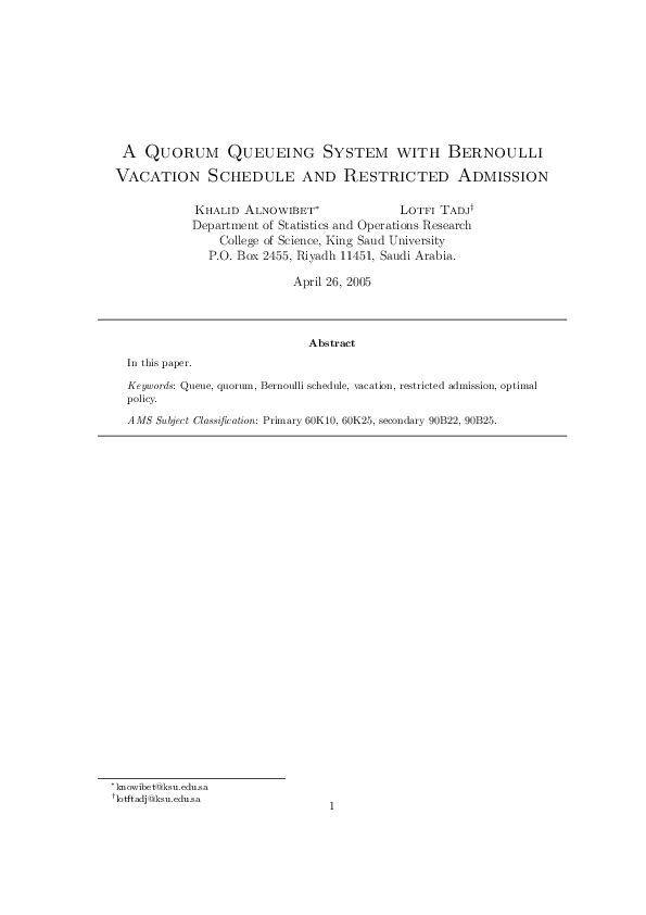 Pdf A Quorum Queueing System With Bernoulli Vacation Schedule And