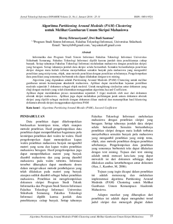 Pdf Algoritma Partitioning Around Medoids Pam Clustering Untuk 6946