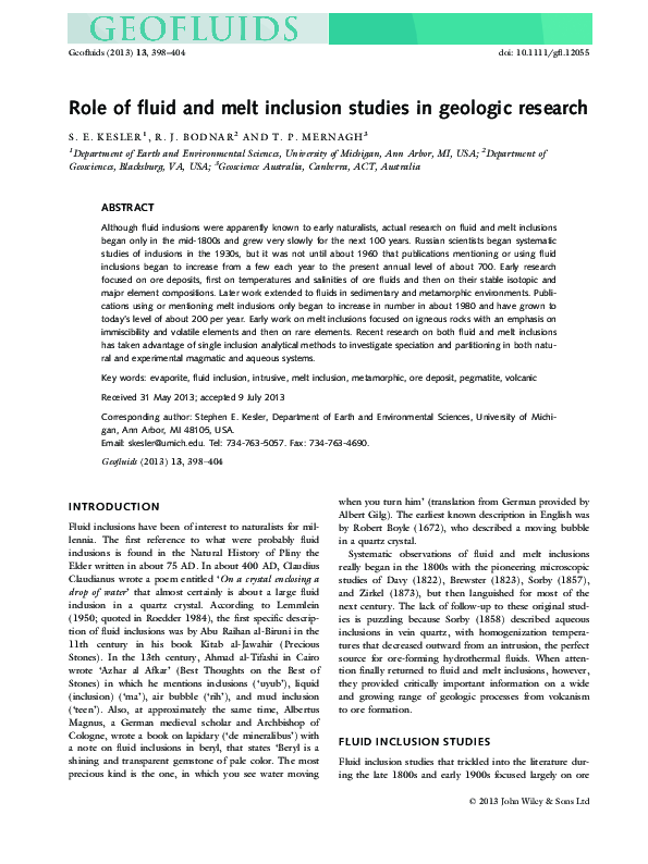 (PDF) Role of fluid and melt inclusion studies in geologic research