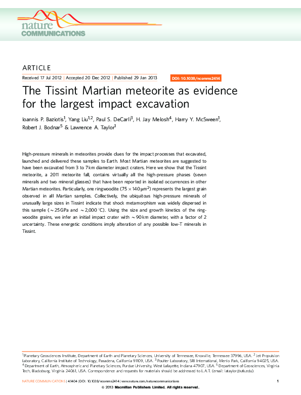 (PDF) The Tissint Martian meteorite as evidence for the largest impact excavation
