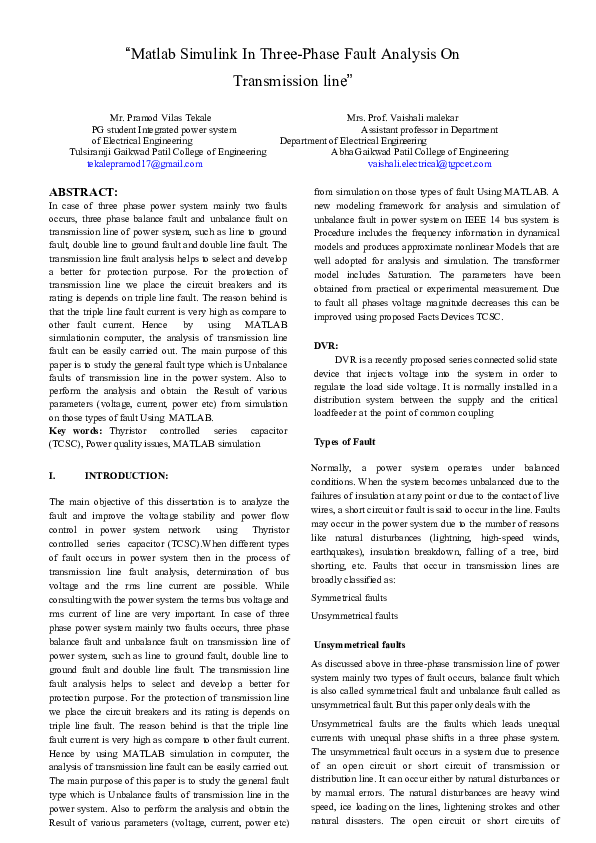 (DOC) "Matlab Simulink In Three-Phase Fault Analysis On Transmission line"
