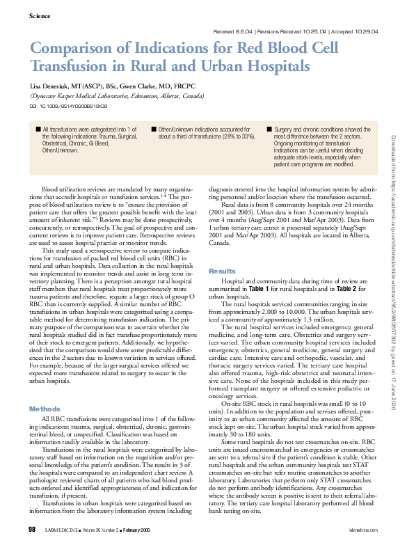 (PDF) Comparison of Indications for Red Blood Cell Transfusion in Rural ...