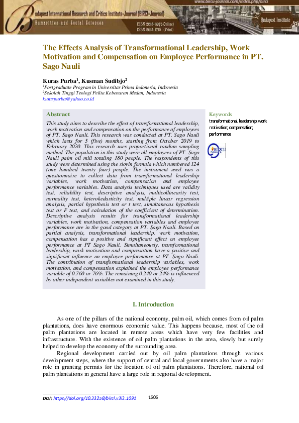 (PDF) The Effects Analysis of Transformational Leadership, Work Motivation and Compensation on ...