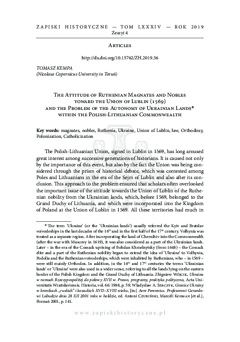(PDF) The Attitude of Ruthenian Magnates and Nobles toward the Union of ...