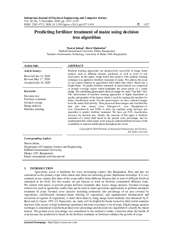 Pdf Predicting Fertilizer Treatment Of Maize Using Decision Tree Algorithm