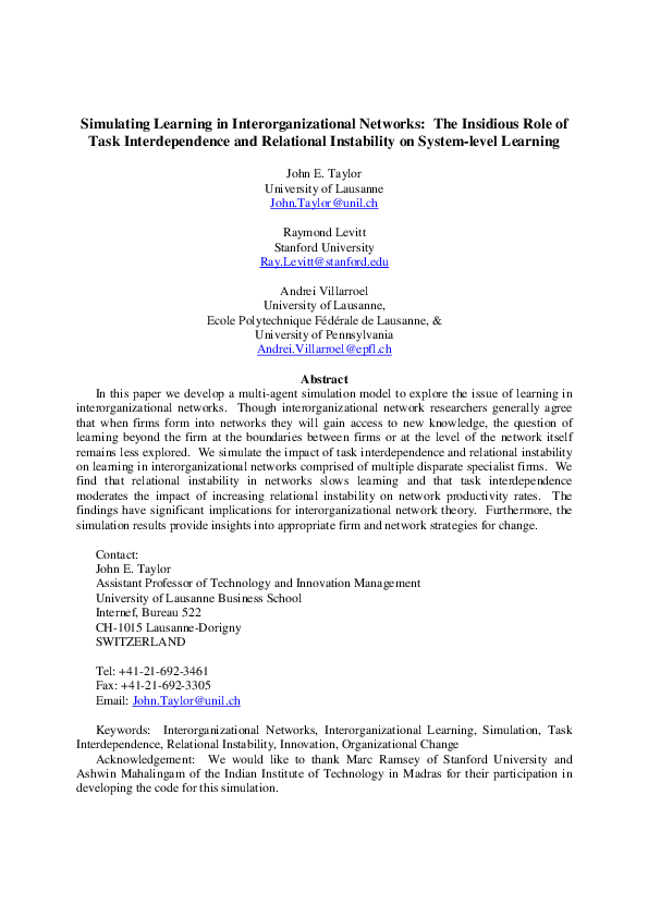 (PDF) Simulating learning in interorganizational networks: The insidious role of task ...