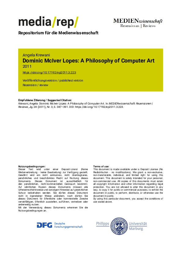 (PDF) Dominic McIver Lopes: A Philosophy of Computer Art