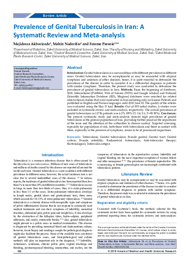 (PDF) Prevalence of Genital Tuberculosis in Iran: A Systematic Review and Meta-analysis