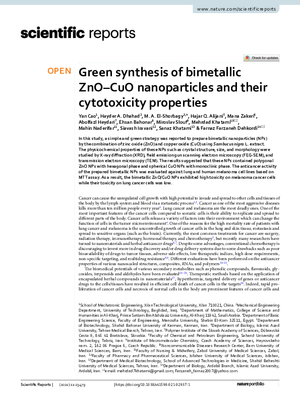 (PDF) Green synthesis of bimetallic ZnO–CuO nanoparticles and their cytotoxicity properties