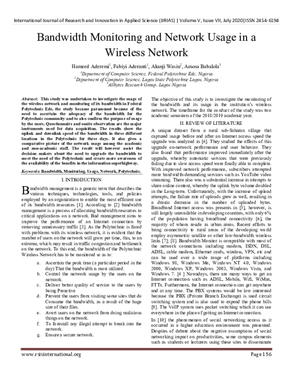 (PDF) Bandwidth Monitoring and Network Usage in a Wireless Network