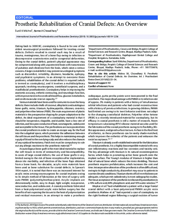 (PDF) Prosthetic Rehabilitation of Cranial Defects: An Overview