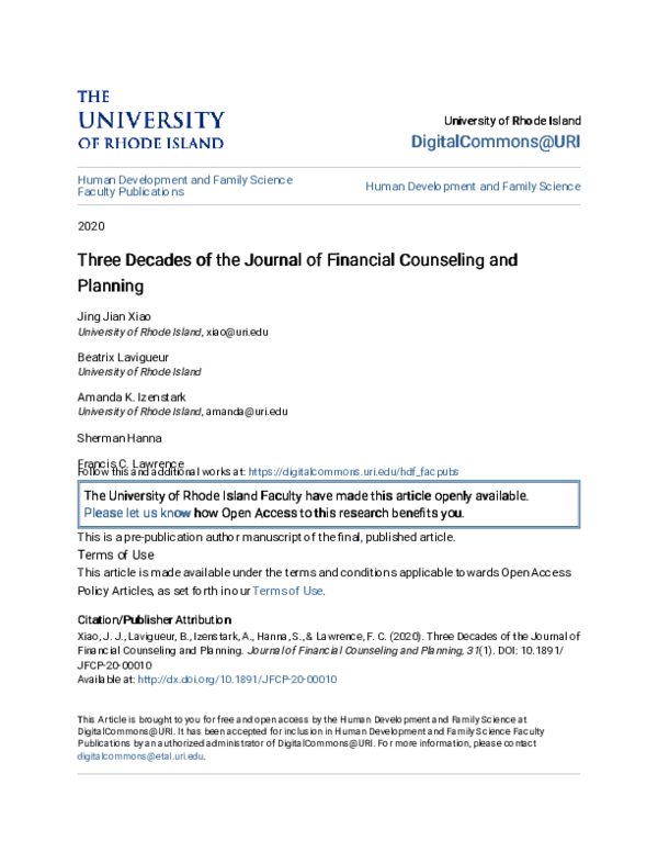 (PDF) Three Decades of the Journal of Financial Counseling and Planning