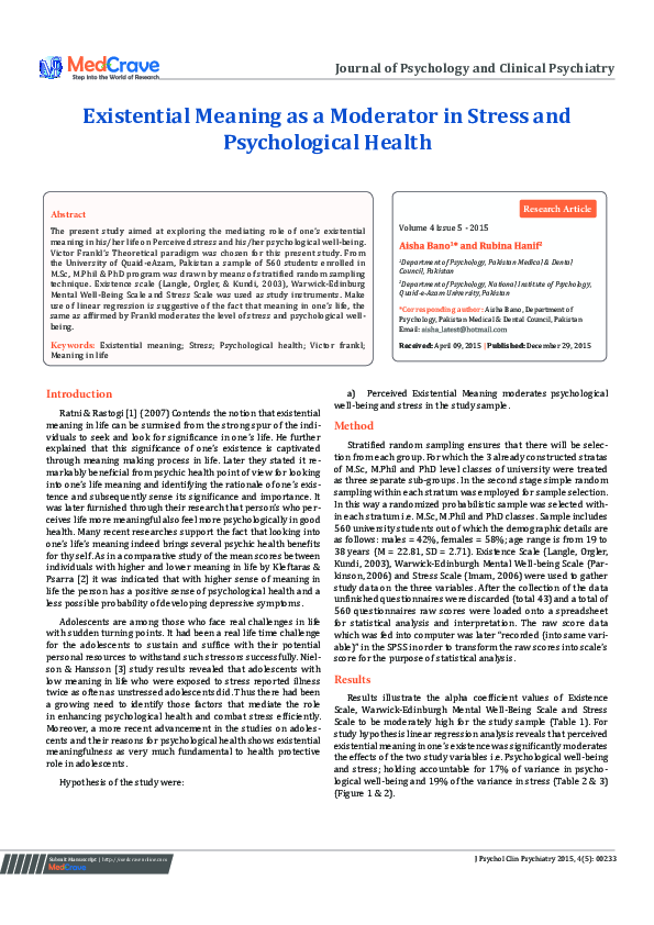 (PDF) Existential Meaning as a Moderator in Stress and Psychological Health
