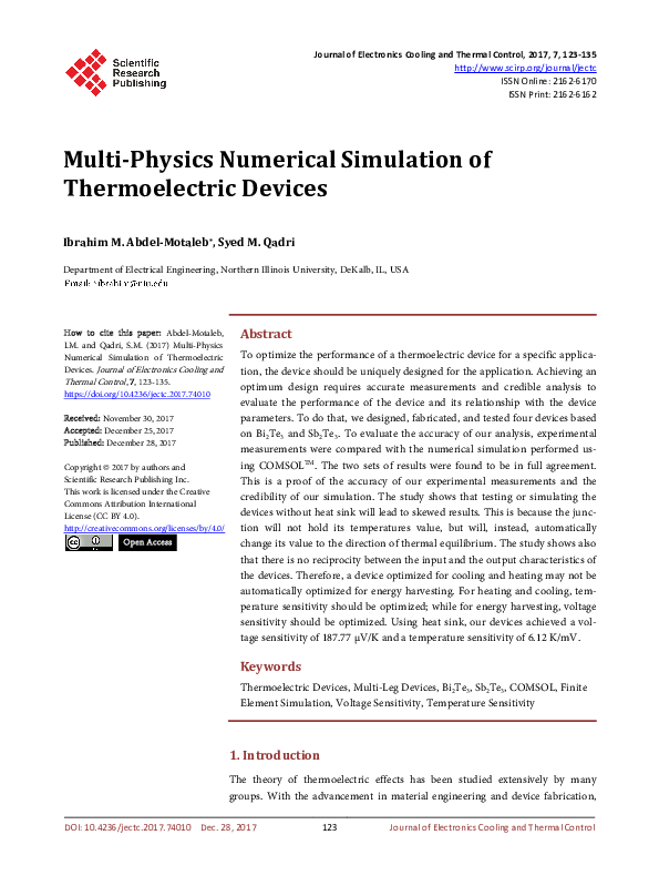 (PDF) Multi-Physics Numerical Simulation of Thermoelectric Devices
