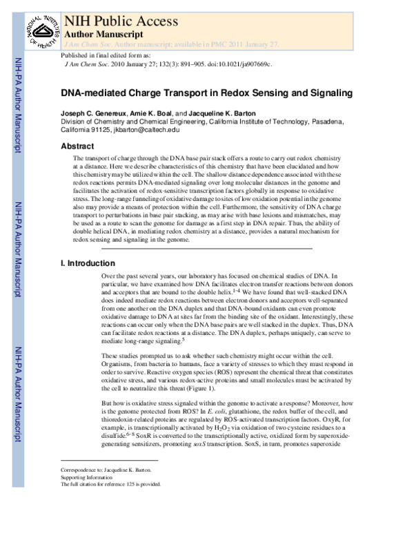 (PDF) DNA-mediated charge transport in redox sensing and signaling