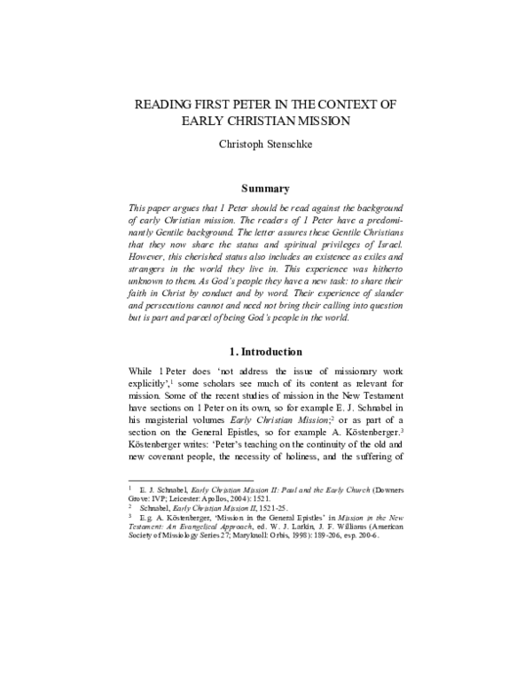 (PDF) Reading First Peter in the Context of Early Christian Mission