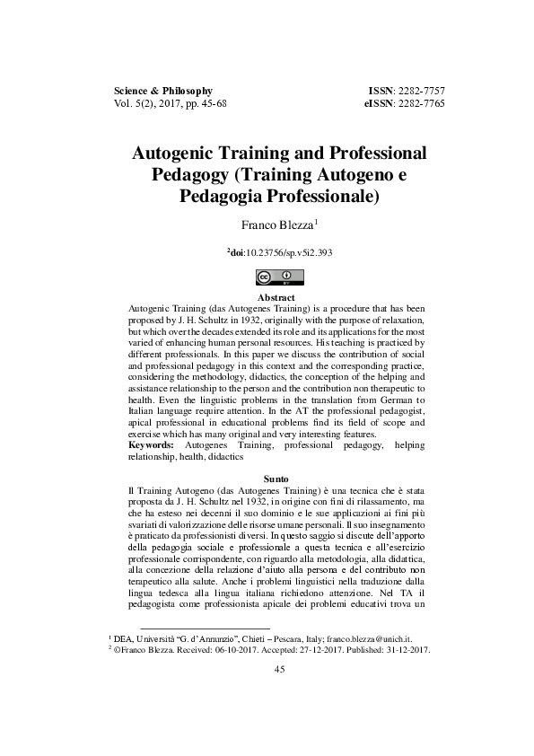 (PDF) Autogenic Training and Professional Pedagogy (Training Autogeno e ...