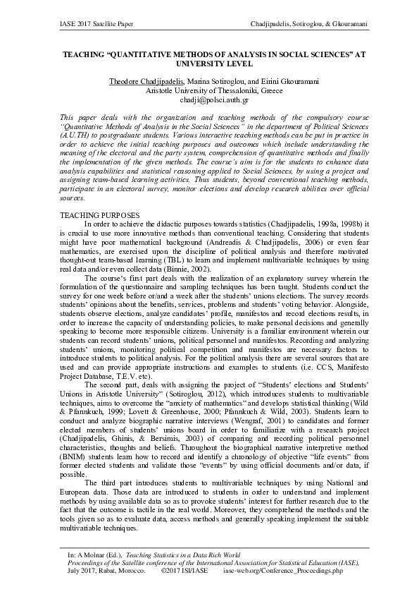 (PDF) Teaching “Quantitative Methods of Analysis in Social Sciences” at ...