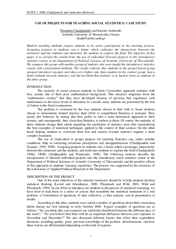 (PDF) Use of Projects for Teaching Social Statistics: Case Study