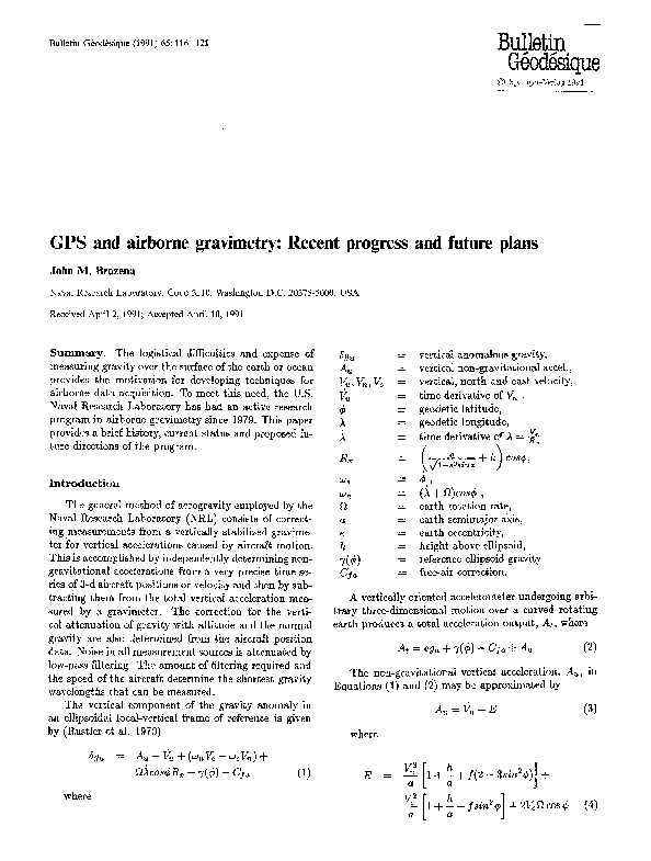 (PDF) GPS and Airborne Gravimetry: Recent Progress and Future Plans